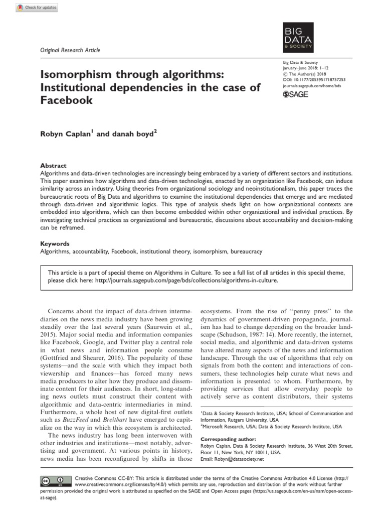CAPLAN & Boyd - 2018 - Isomorphism Through Algorithms Facebook Case | PDF | Facebook | News