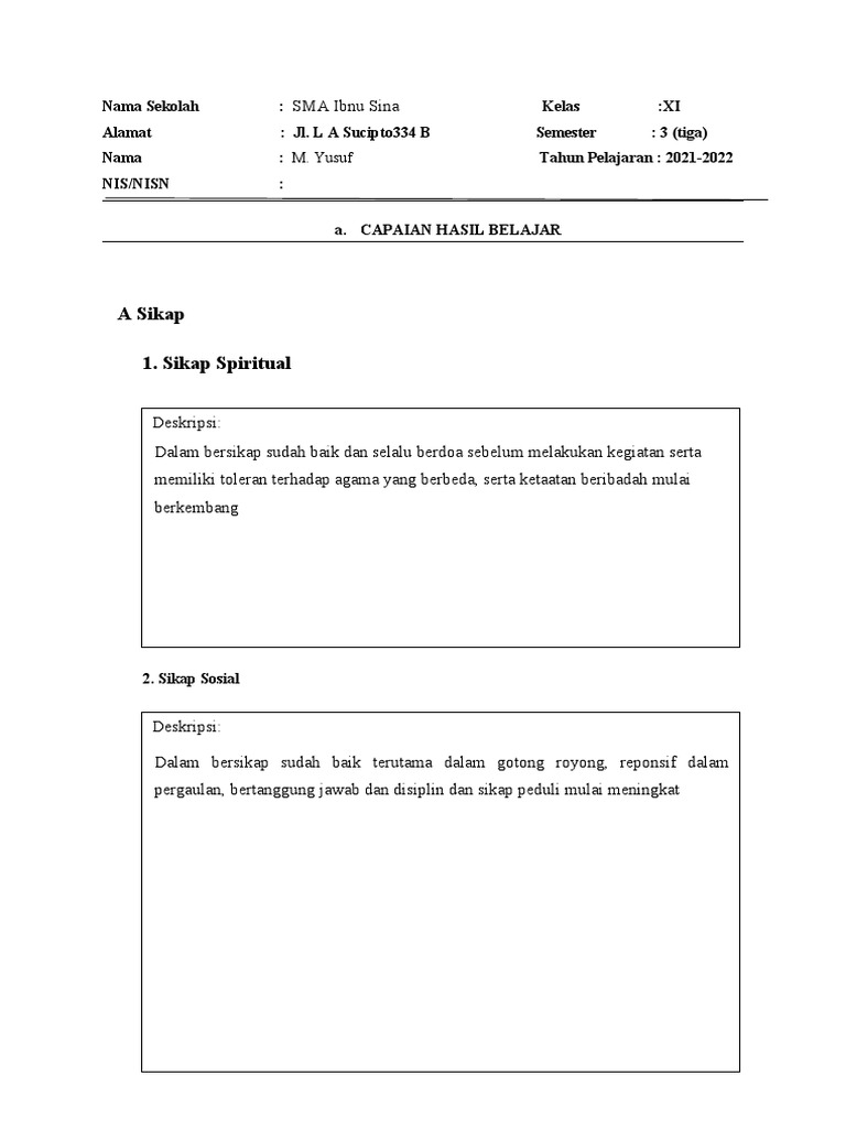Contoh Raport SMA IBNU SINA SMSTR I | PDF