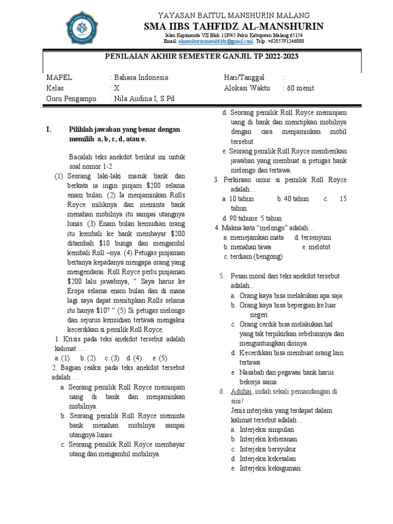 Pas Ganjil Bindo Kelas X | PDF