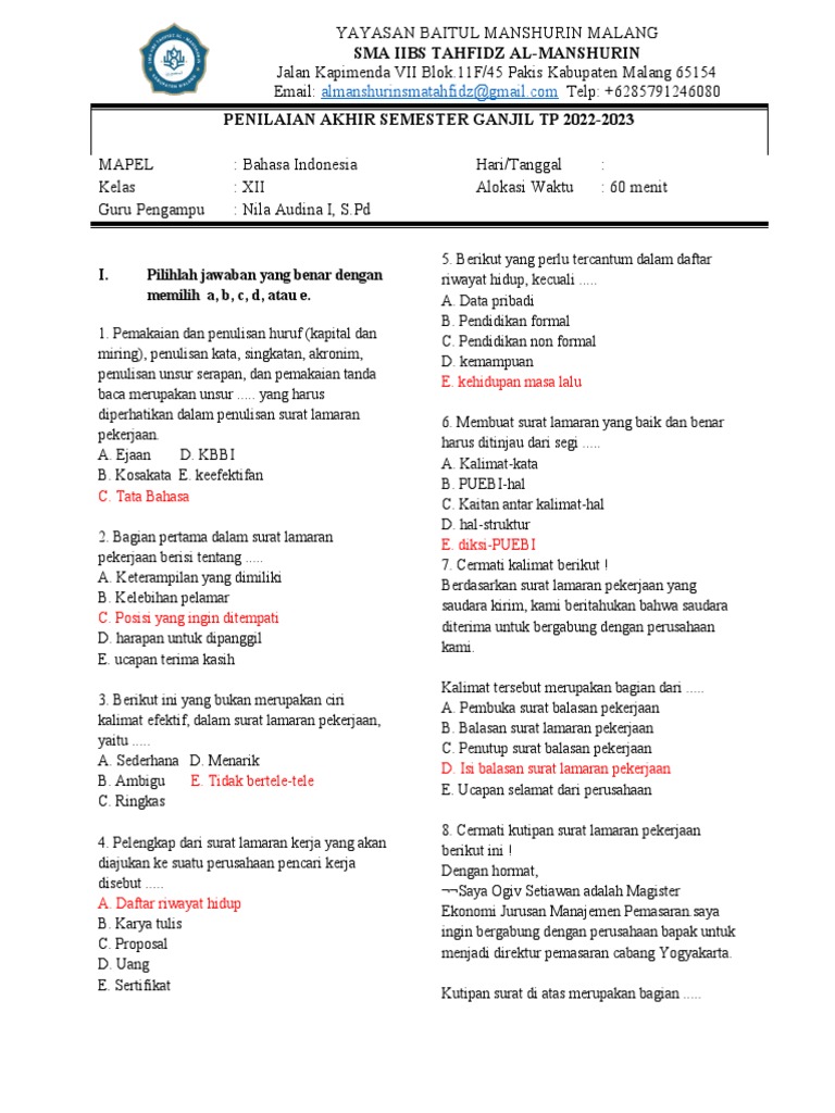 Pas Ganjil Bindo Kelas Xii | PDF