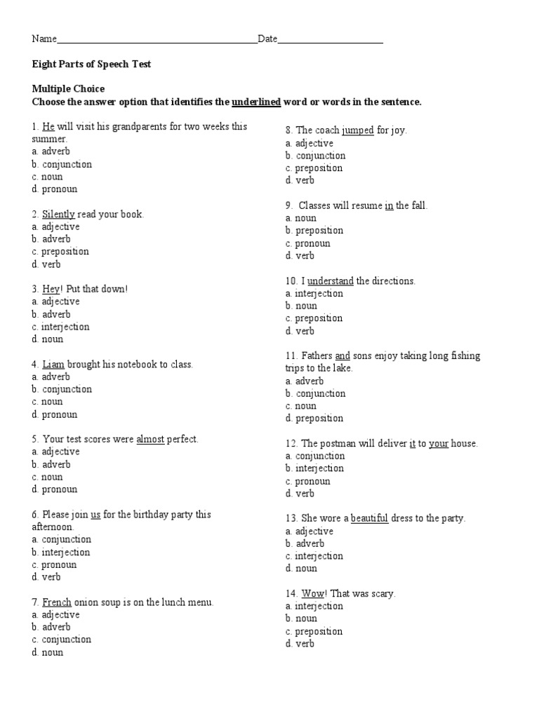 8 Partsof Speech Grammar Practice Test | PDF | Adverb | Verb