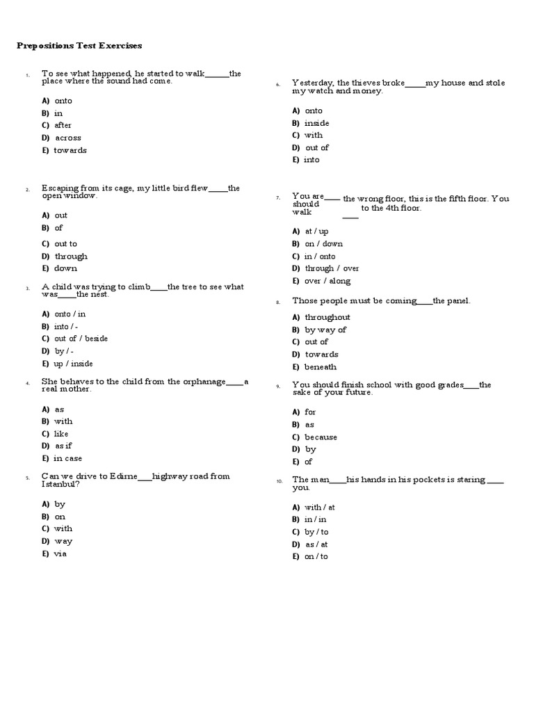 Advanced Prepositions Practice Test | PDF