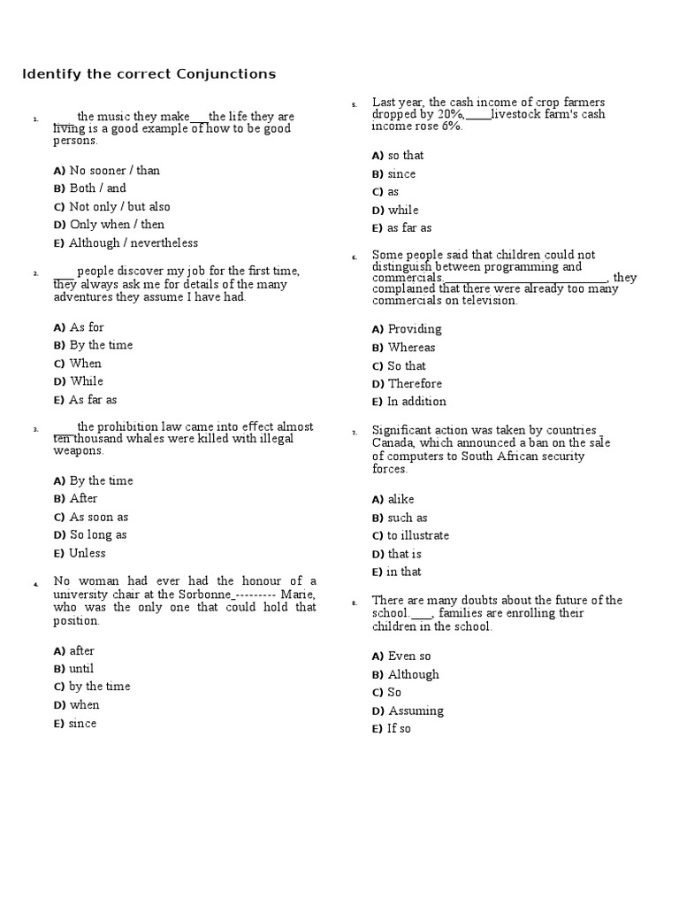 Conjunctions Multiple Choice Questions | PDF