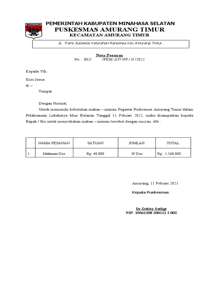 Nota Pesanan Makanan Puskesmas Amurang | PDF