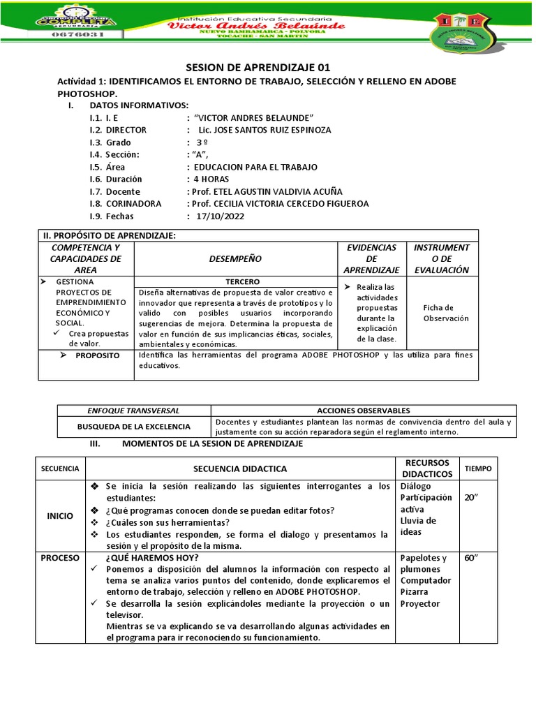 Sesion de Aprendizaje 01: Identificamos El Entorno de Trabajo, Selección Y Relleno en Adobe ...