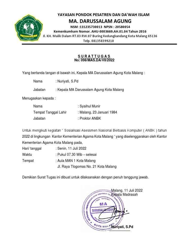 Surat Tugas Proktor ANBK 2022 Malang | PDF