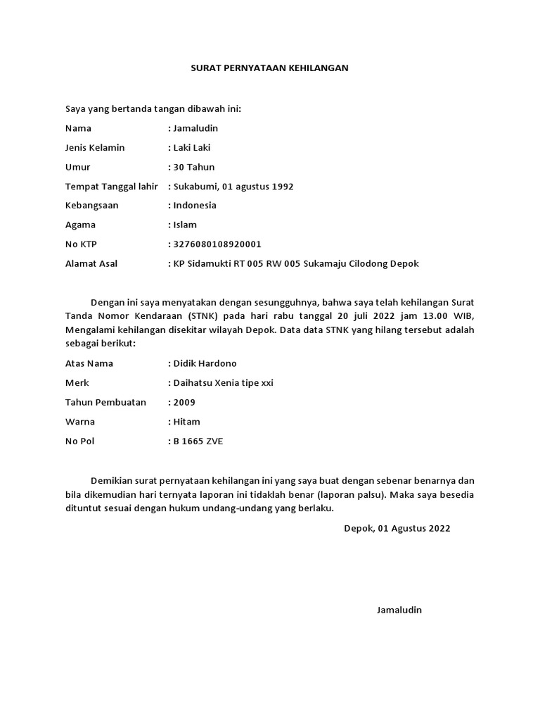 Surat Pernyataan Kehilangan STNK | PDF
