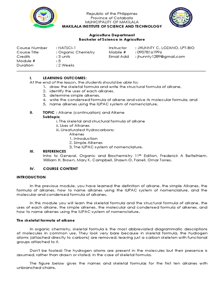 Organic Chemistry Course Content on Alkanes, Alkenes, and their Structural Formulas ...