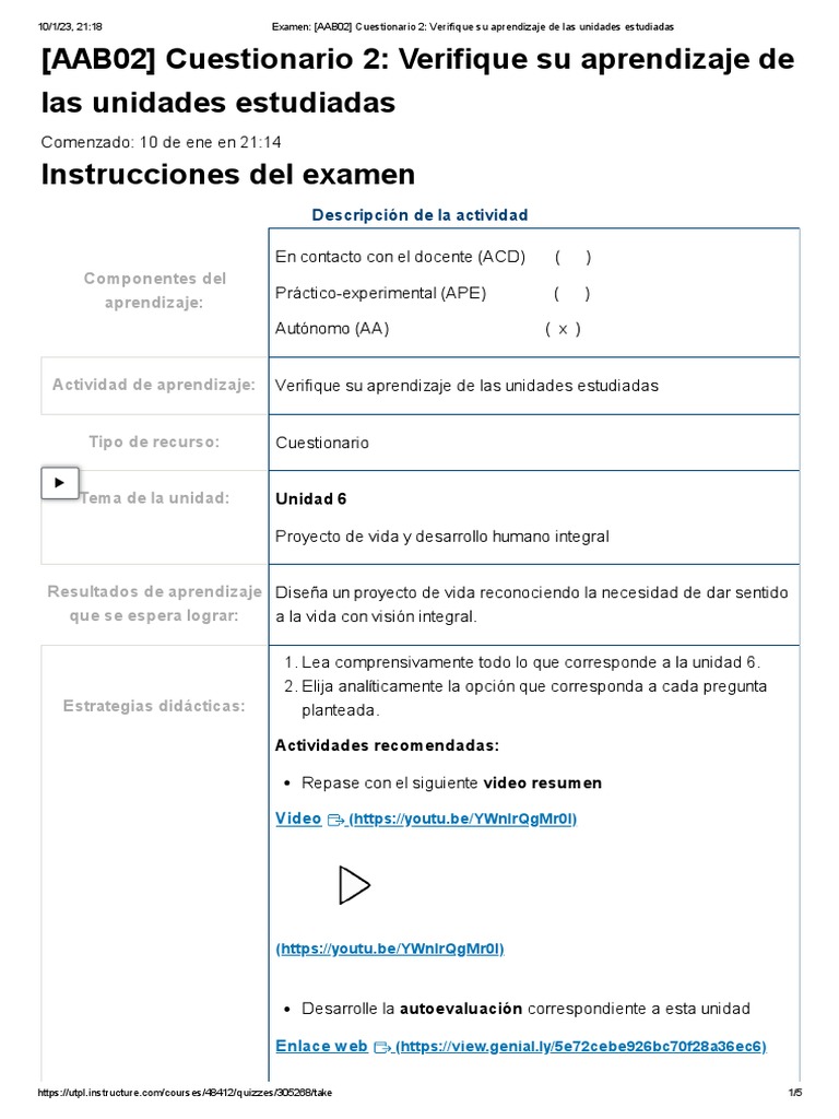 Examen - (AAB02) Cuestionario 2 - Verifique Su Aprendizaje de Las Unidades Estudiadas | PDF ...