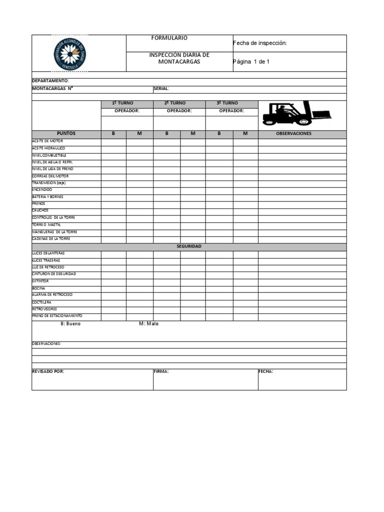 Formato Inspección Diaria de Montacargas | PDF Formato Inspección Diaria de Montacargas | PDF