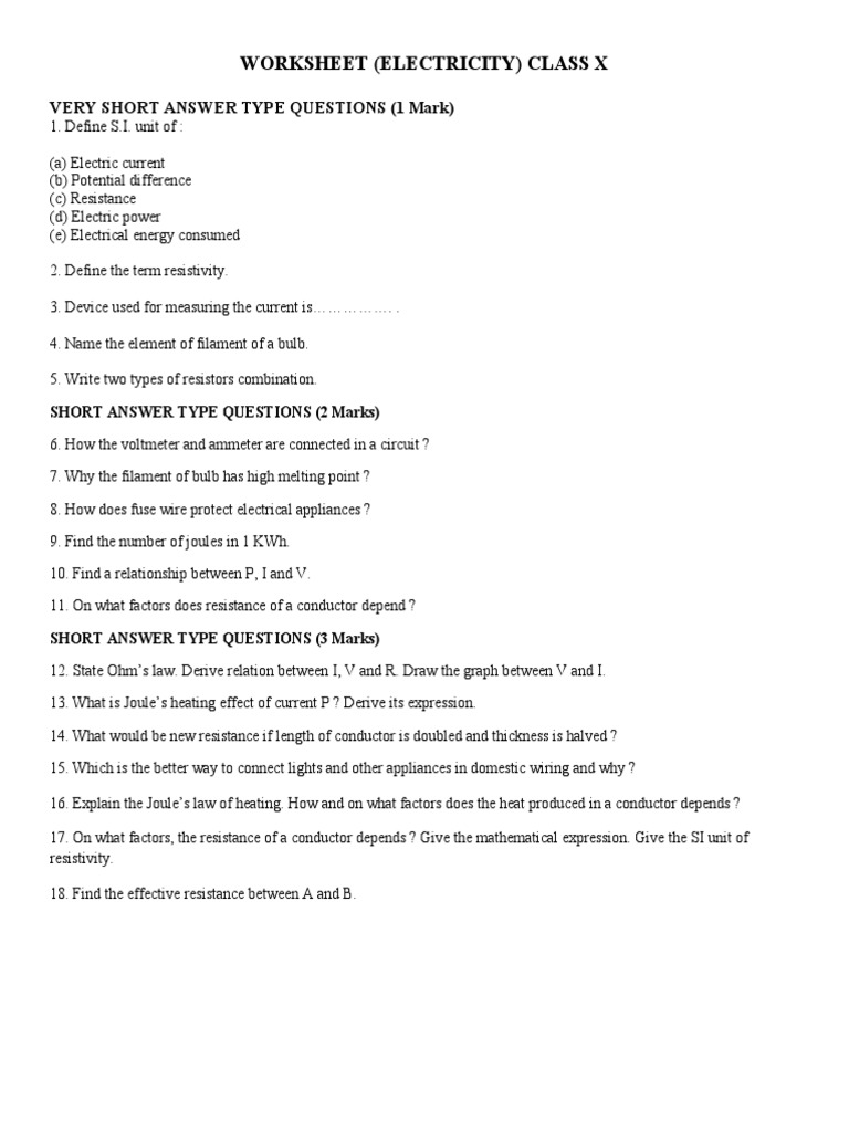 Worksheet 1 Electricity Class X | PDF | Electrical Resistance And Conductance | Electrical ...