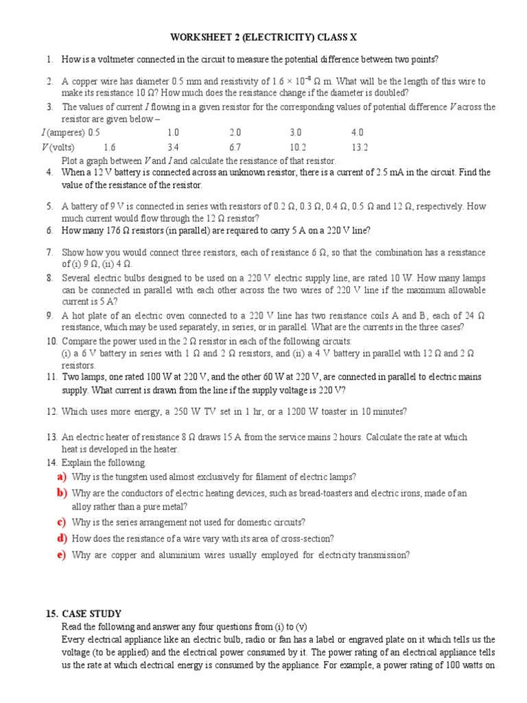 Worksheet 2 Class X Electricity | PDF | Series And Parallel Circuits ...