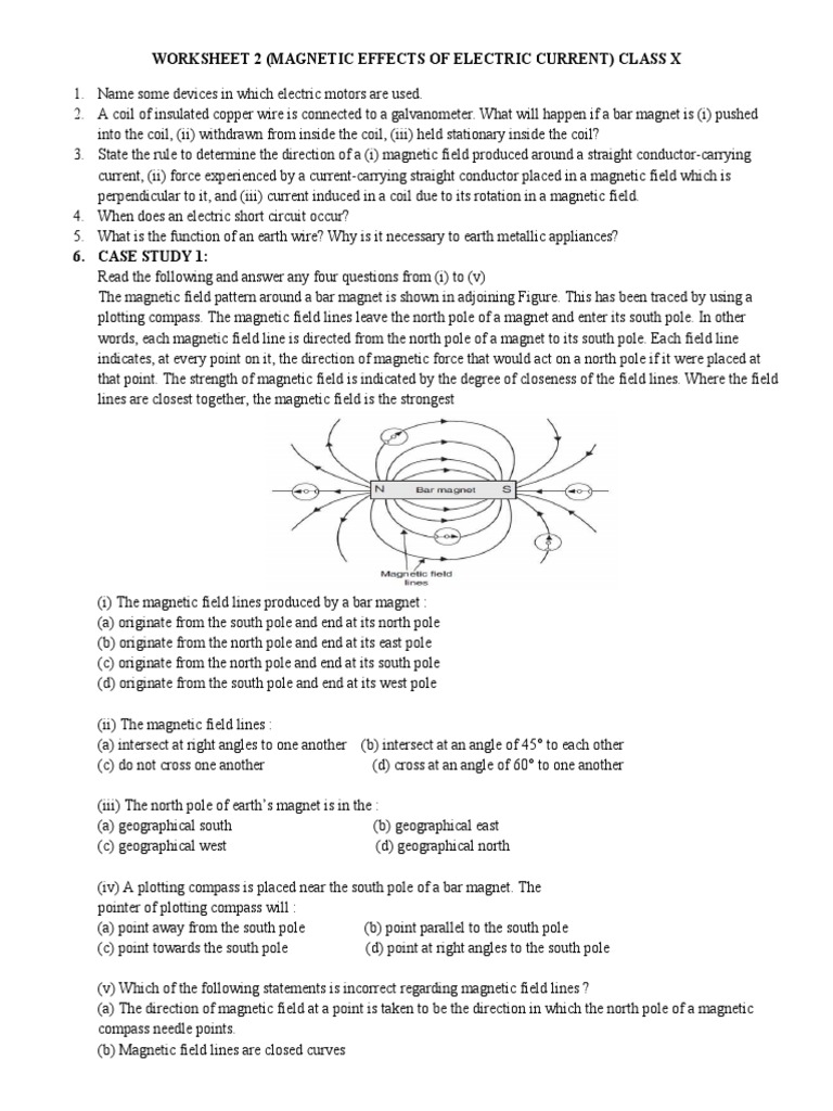 Worksheet 2 Magnetic Effects of Electric Current Class X | PDF