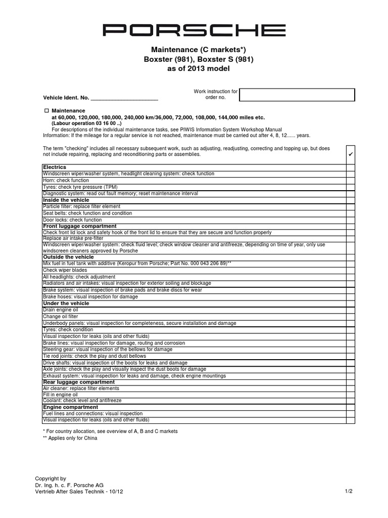 Maintenance Boxster (981), Boxster S (981) (As of 2013 Model) | PDF | Trunk (Car) | Transport