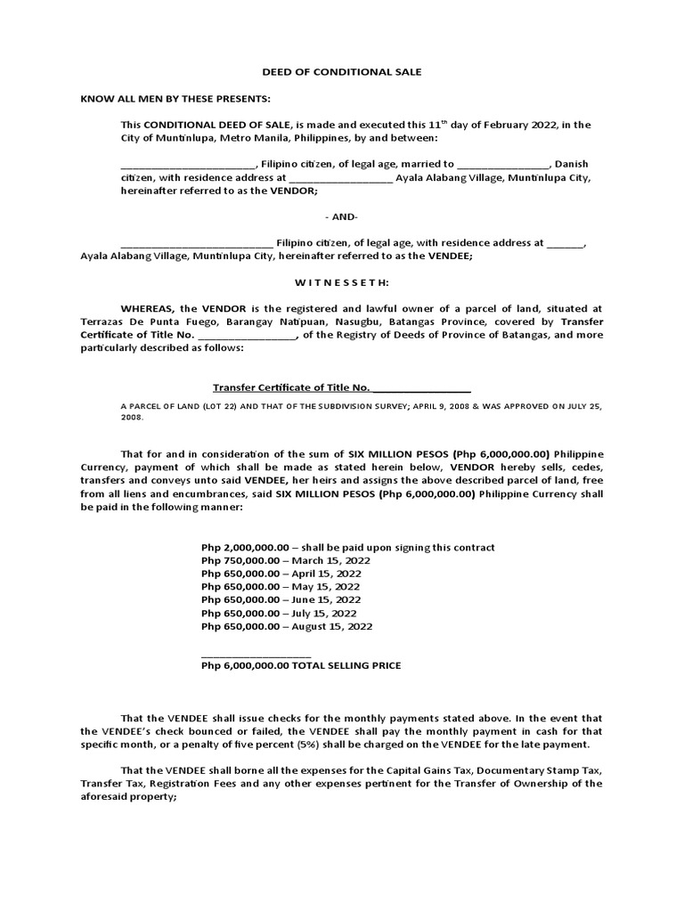 DEED of CONDITIONAL SALE SAMPLE 1 | PDF | Deed | Taxes