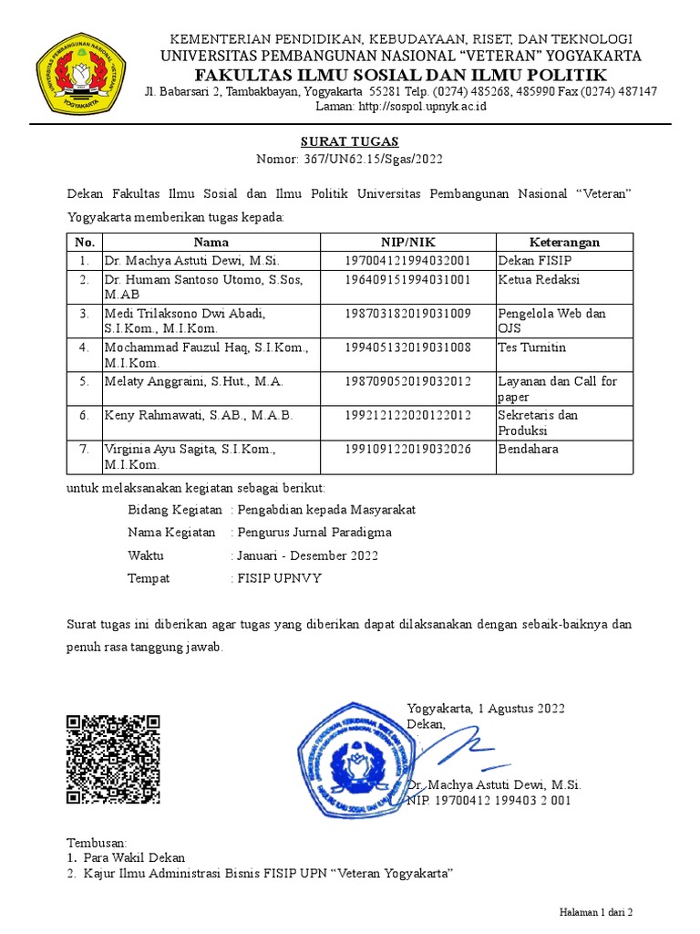 Surat Tugas Pengurus Jurnal FISIP UPNVY | PDF