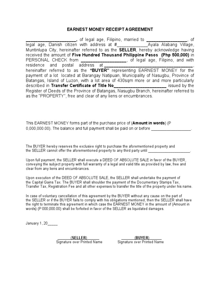Earnest Money Receipt Agreement Terms | PDF | Deed | Payments
