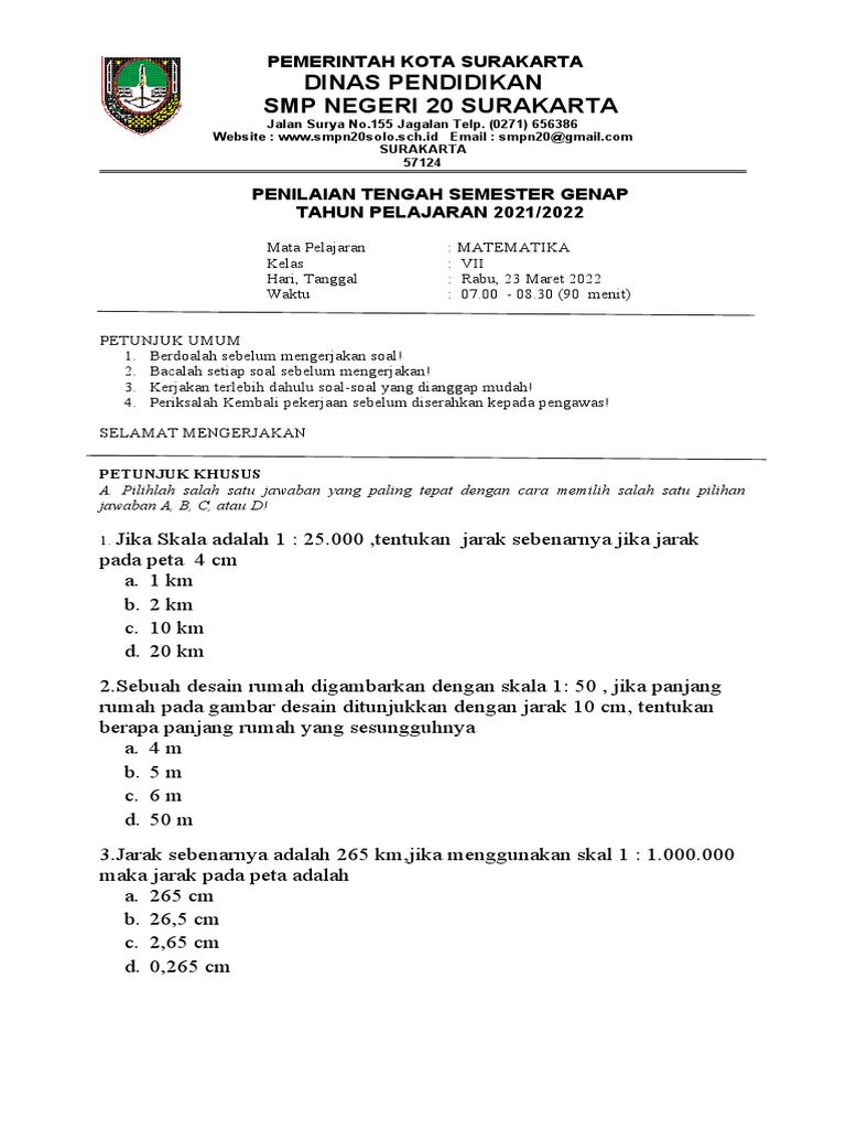 Soal PTS Genap MTK KELAS 7 2022 OK | PDF