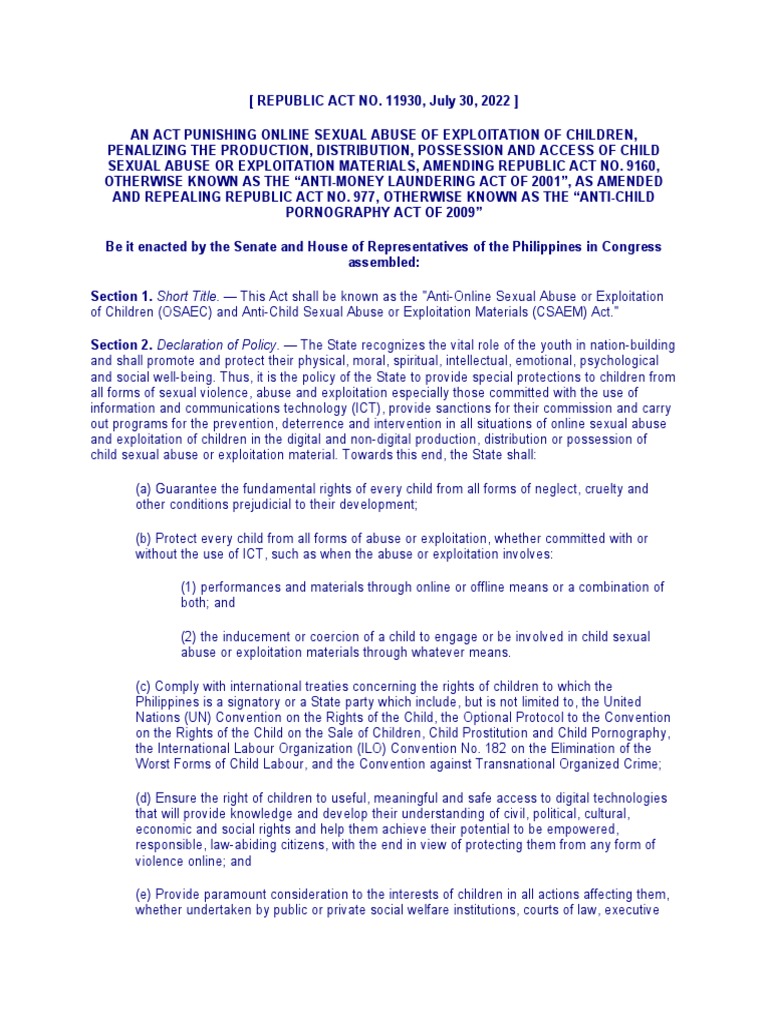 RA 11930 prohibits online child sexual abuse | PDF | Internet | Extradition