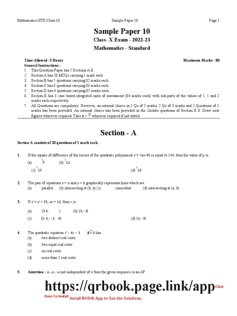 MAT10 Sample Paper 10 | PDF | Circle | Triangle