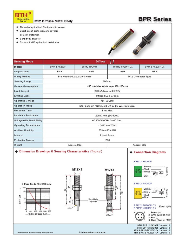 BTH BPR12-Series Diffuse Photo Sensor | PDF | Bipolar Junction ...