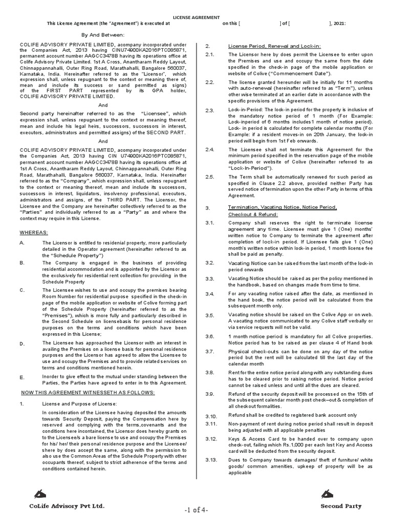 LICENSE AGREEMENT - Oct - 2021 | PDF | License | Landlord