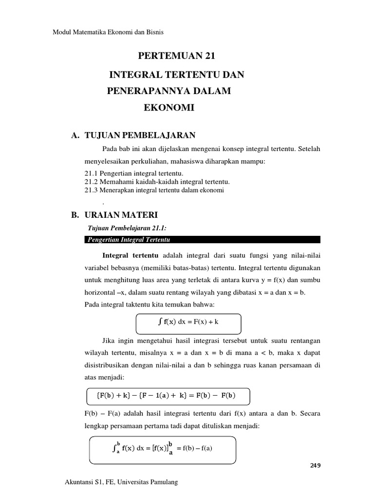 Pertemuan 21. Integral Tertentu Dan Penerapannya Dalam Ekonomi | PDF