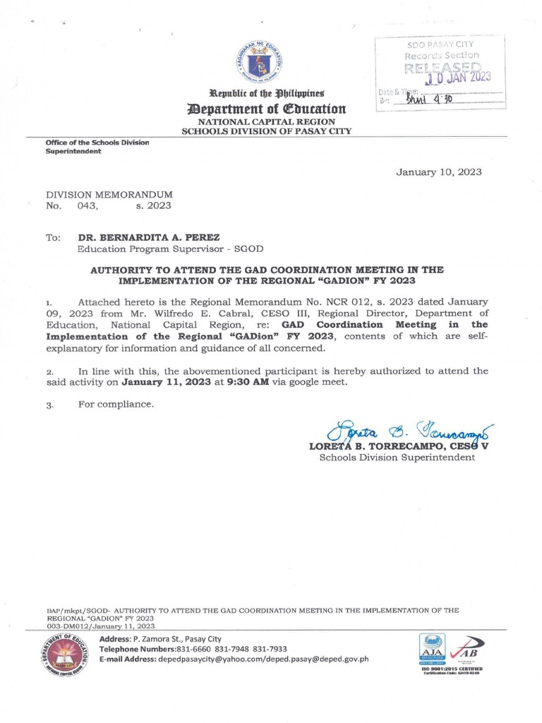 Division Memorandum No. 043, s.2023 - Authority To Attend The GAD Coordination Meeting in The ...