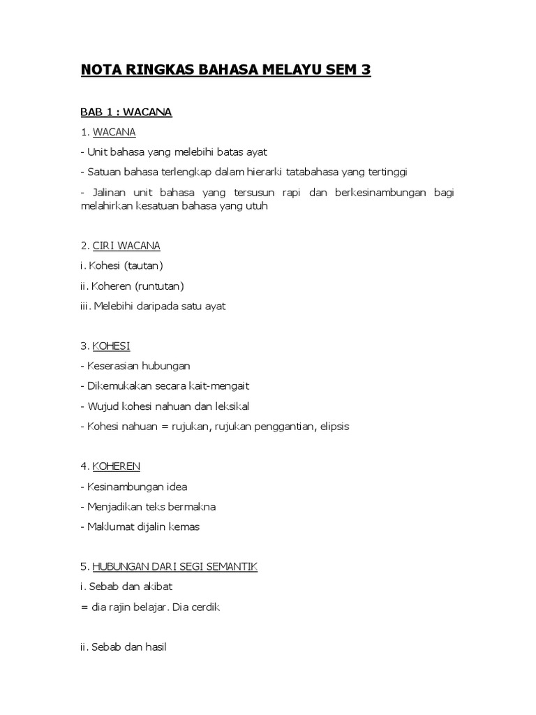 Nota Ringkas Bahasa Melayu Sem 3 | PDF