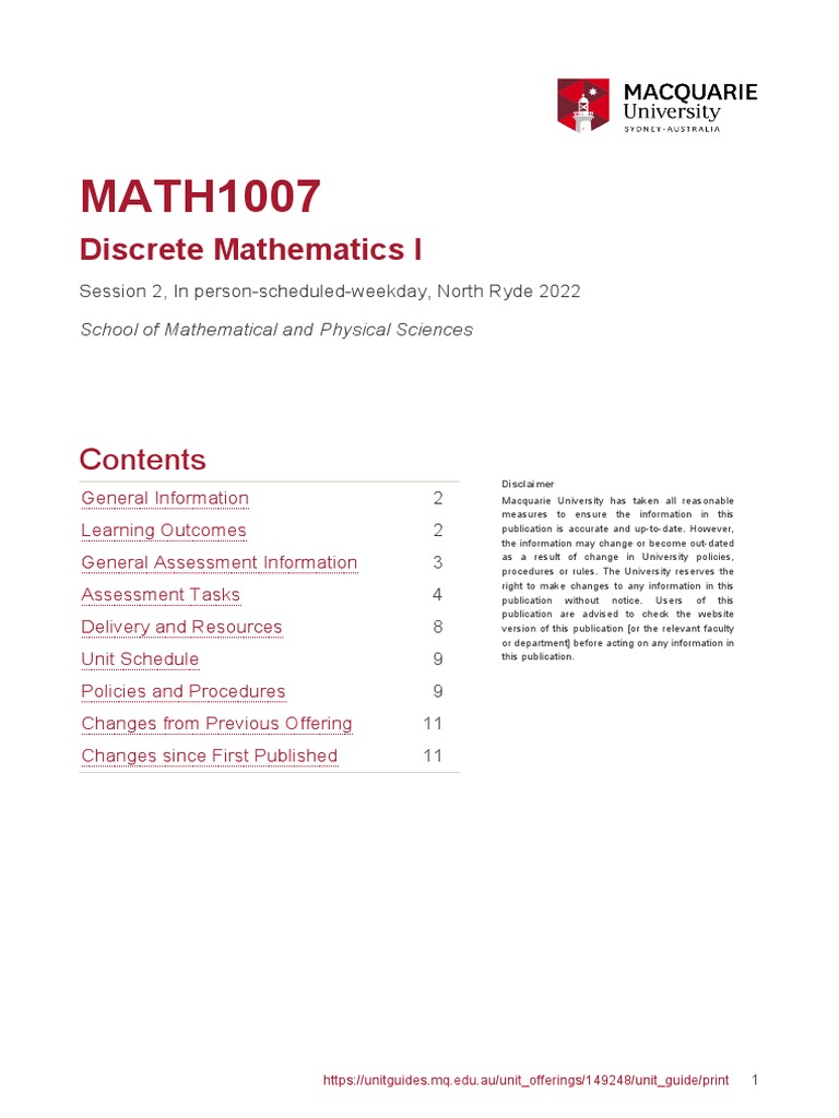 Unit Guide MATH1007 2022 Session 2 | PDF | Mathematics | Discrete Mathematics