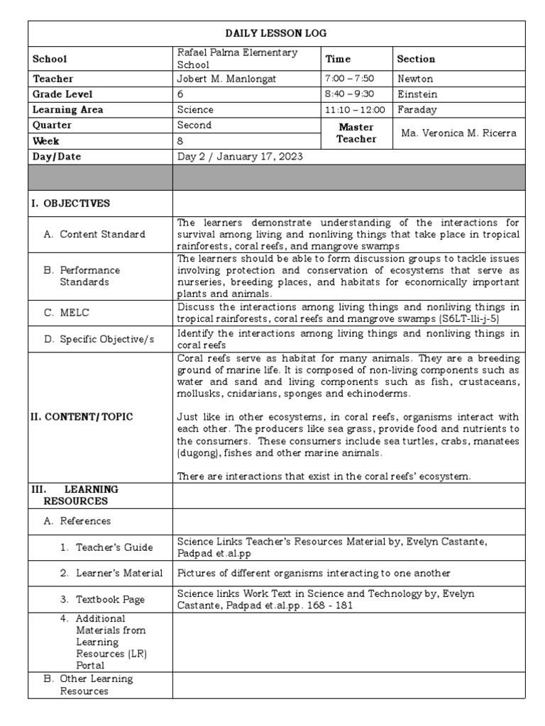 Science 6 Lesson 28 COT1 | PDF | Coral Reef | Learning