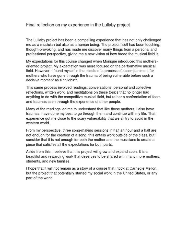 Final Reflection On My Experience in The Lullaby Project | PDF