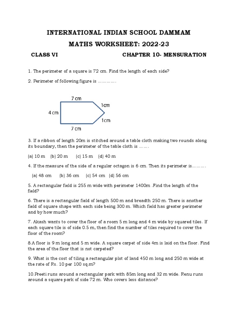 Class Vi Mathematics Worksheet Chapter 10 - Mensuration-1 | PDF