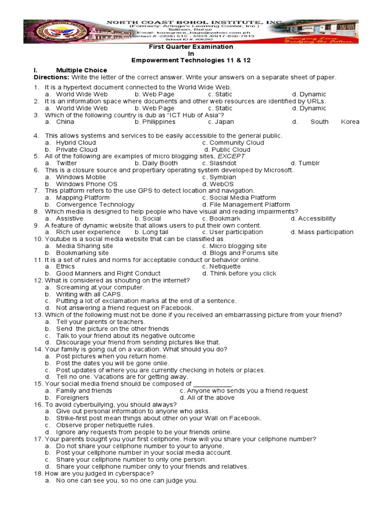 First Quarter Examination in Empowerment Technologies | PDF | Websites ...