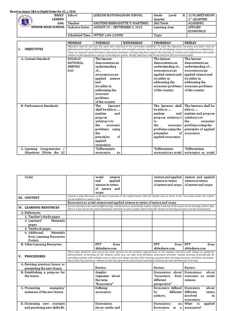 1 - SHS - DAILY - LESSON - LOG - DLL - TEMPLATE - Applied Economics | PDF