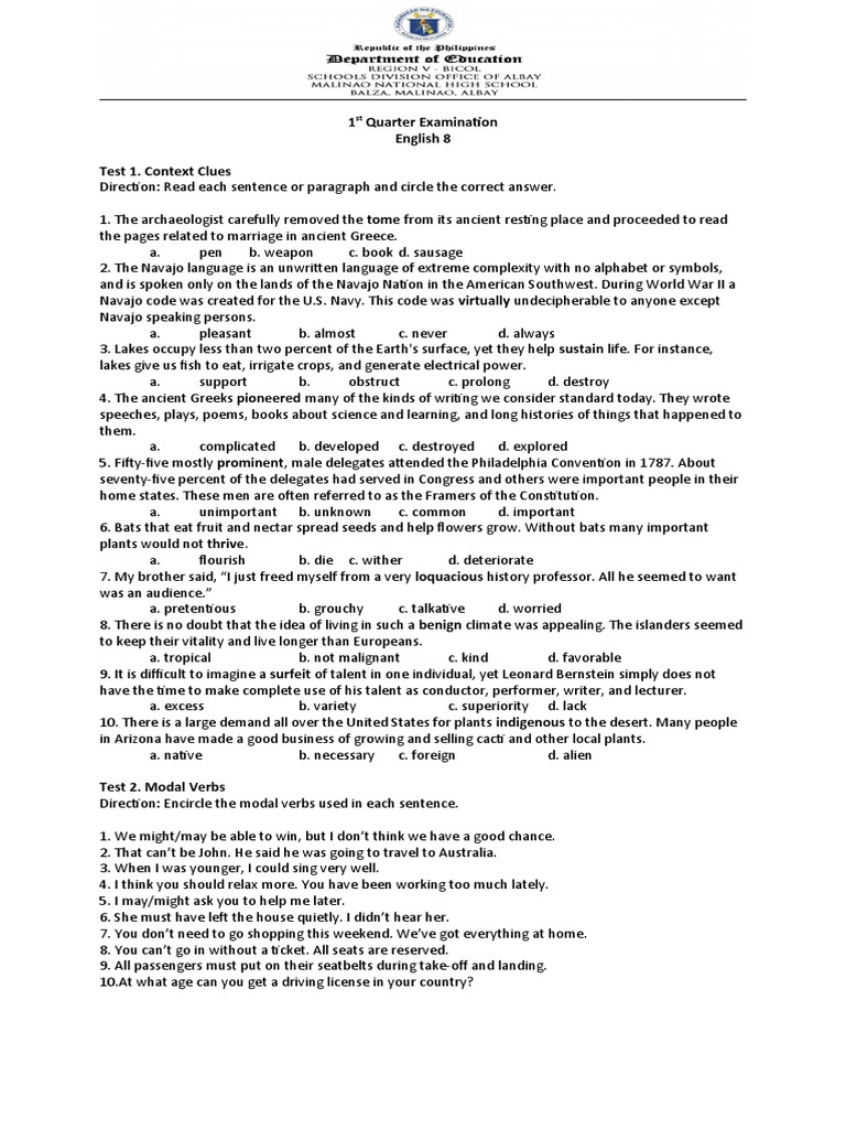 English 8 1st Quarter Examination | PDF | Foreign Language Studies ...