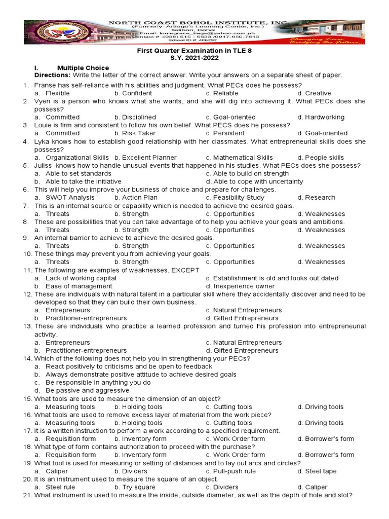 First Quarter Examination in TLE 8 | PDF