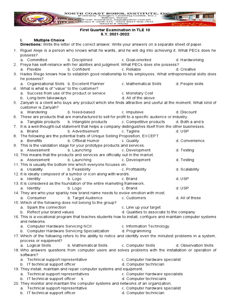 First Quarter Examination in TLE 10 | PDF