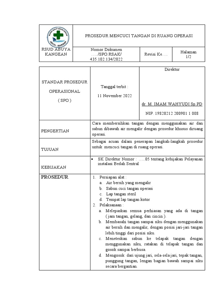 Sop Prosedur Mencuci Tangan Di Ruang Operasi Rsak | PDF