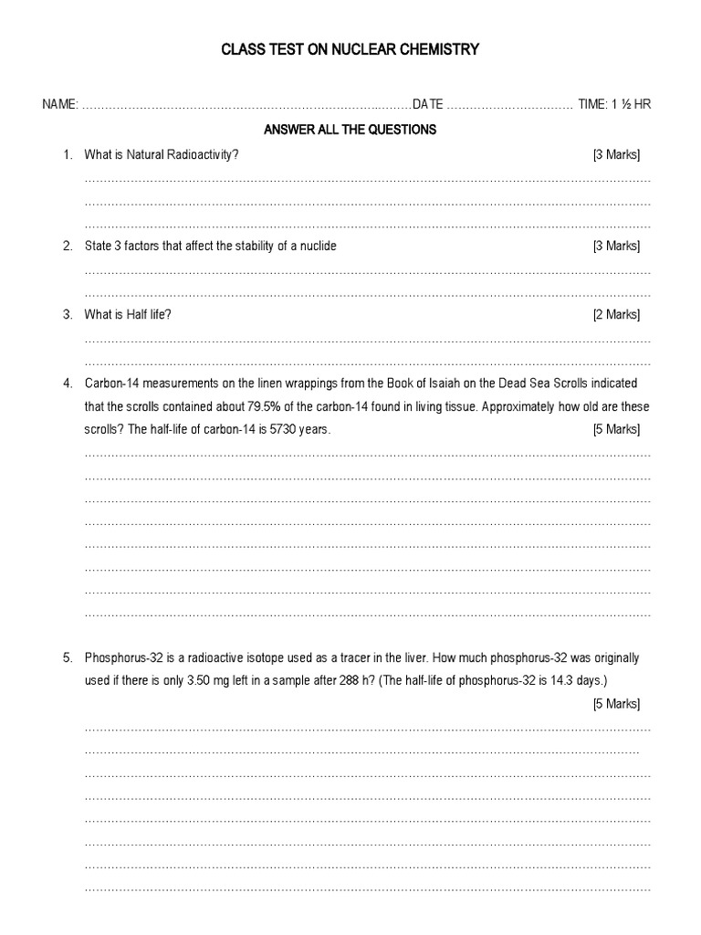 Nuclear Chemistry Class Test | PDF | Radioactive Tracer | Sets Of ...