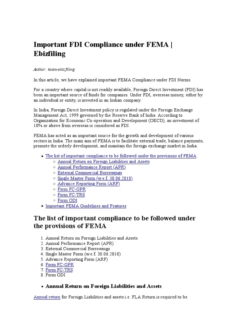 Important FDI Compliance Under FEMA - Ebizfiling | PDF | Reserve Bank ...