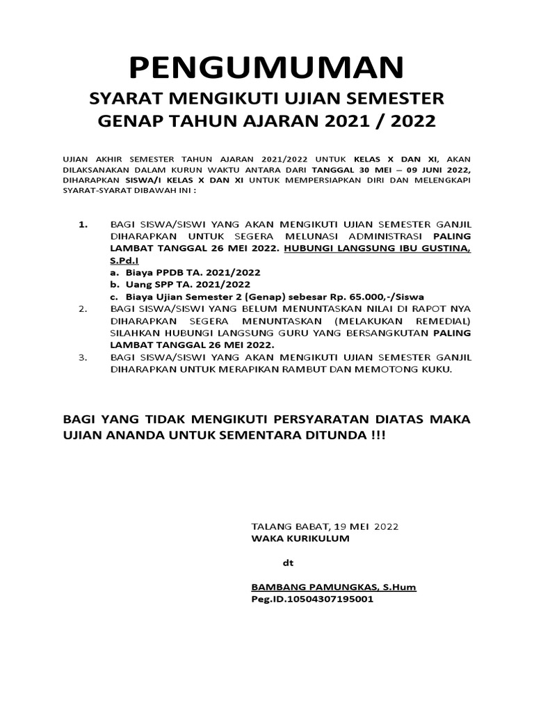 Contoh Pengumuman Pelaksanaan Ujian | PDF