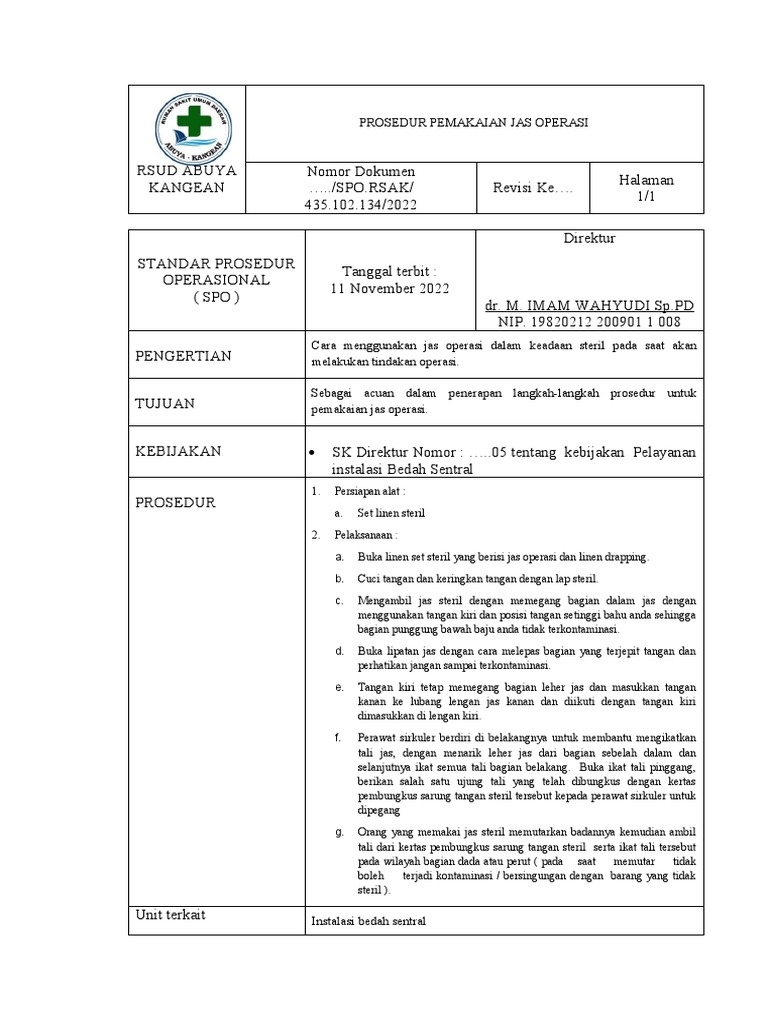 Sop Pemakaian Jas Operasi Rsak | PDF