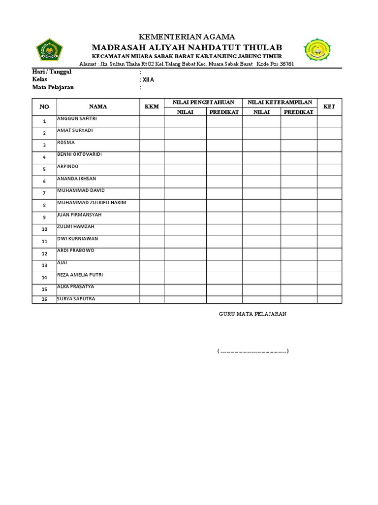 Contoh Blanko Nilai | PDF