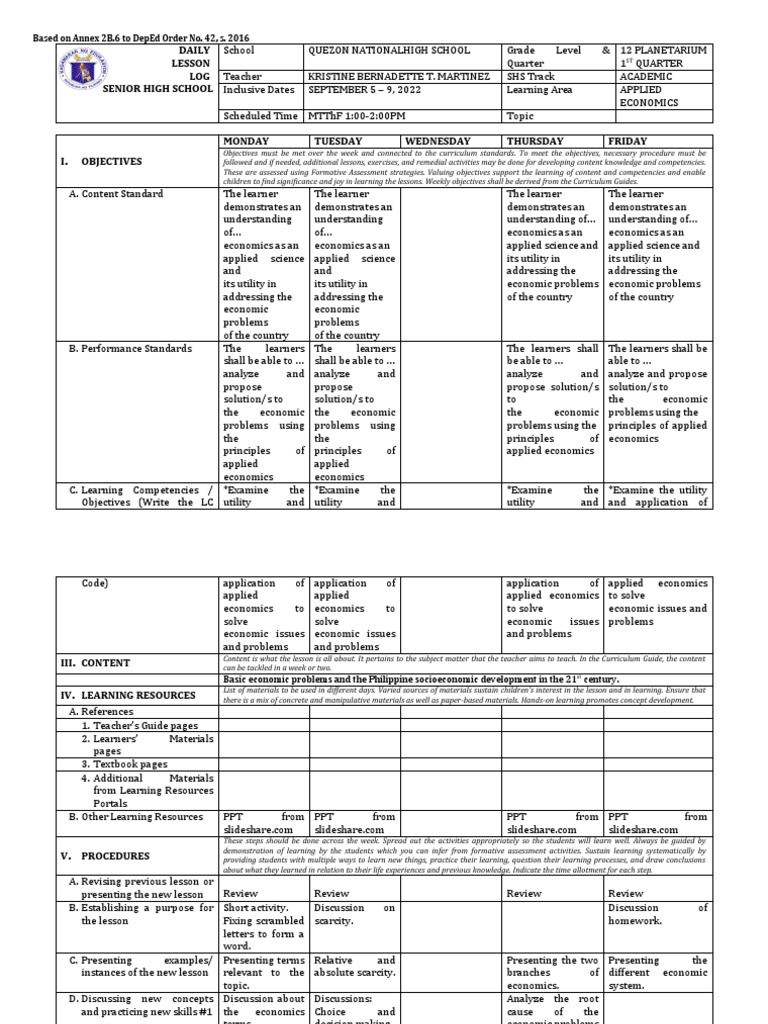 2 Shs Daily Lesson Log DLL Template Applied Economics | PDF | Teaching Method | Learning