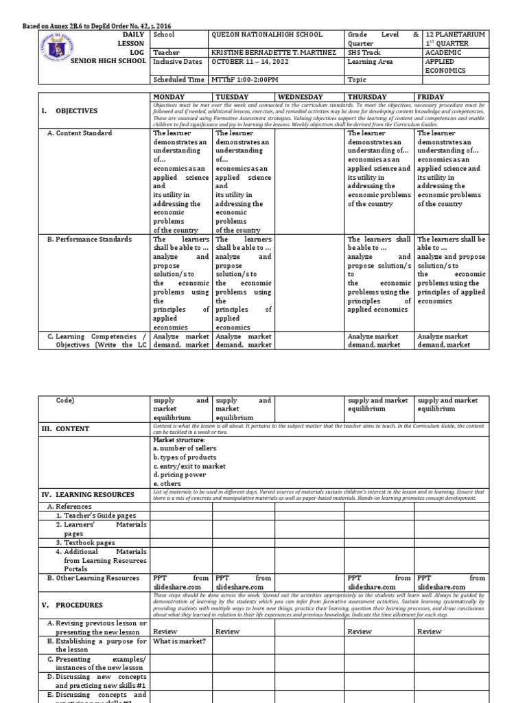 Senior High School Daily Lesson Log | PDF | Behavior Modification ...