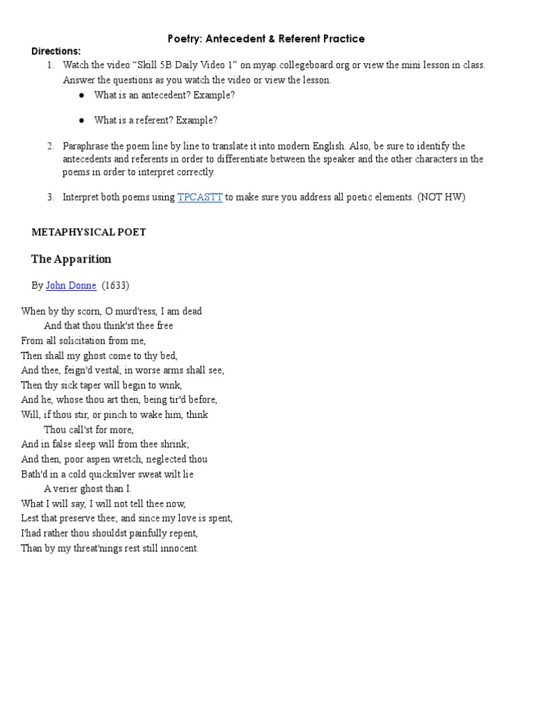 Antecedent - Referent Practice | PDF | Poetry