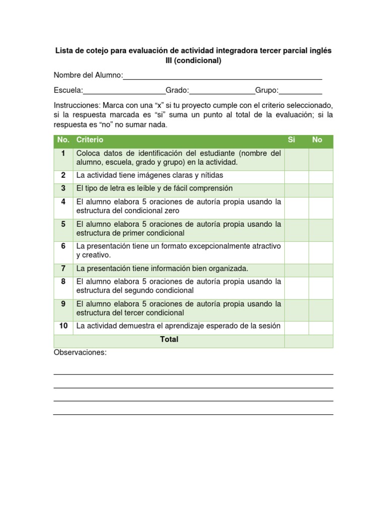 Lista de Cotejo para Evaluación de Actividad Transversal Tercer Parcial ...