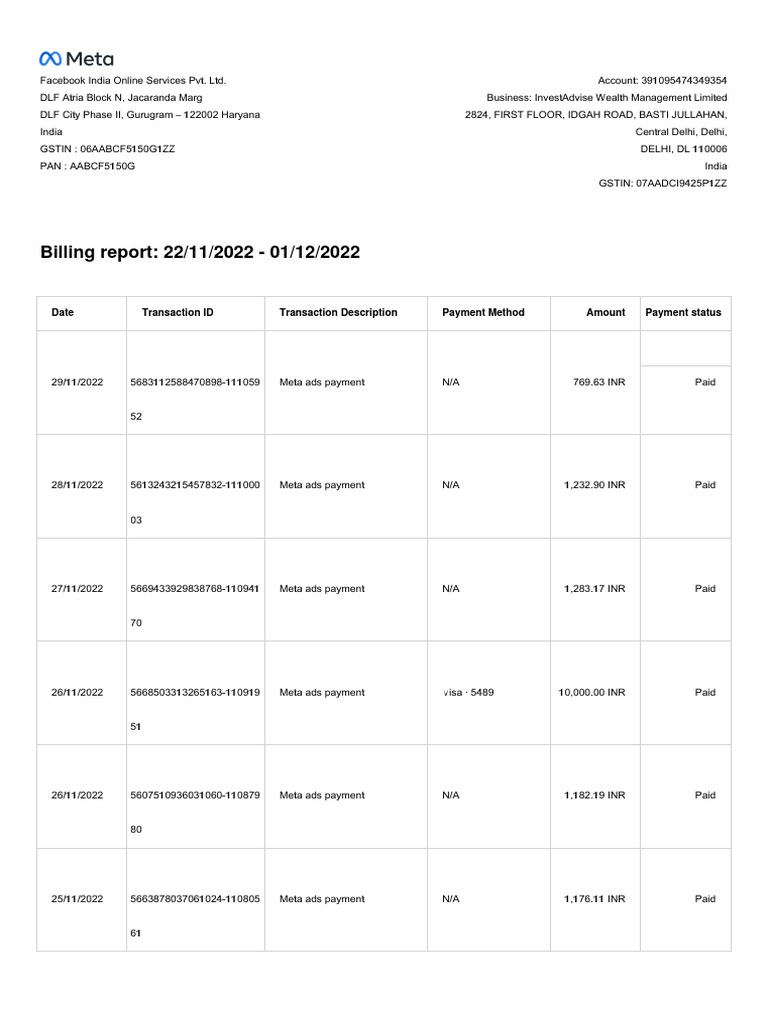 Meta Ads Payment and Billing Report from 22/11/2022 - 01/12/2022 for ...
