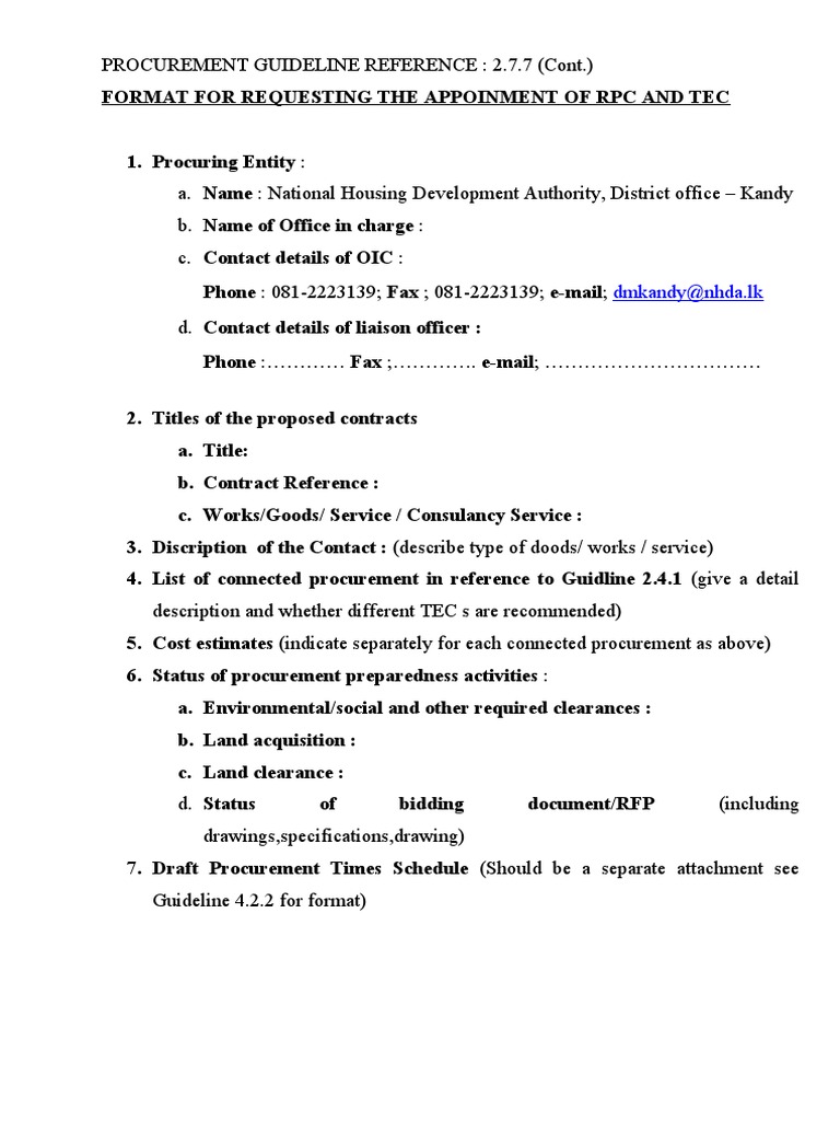 Procurement Request Format for NHDA Kandy | PDF | Procurement | Business